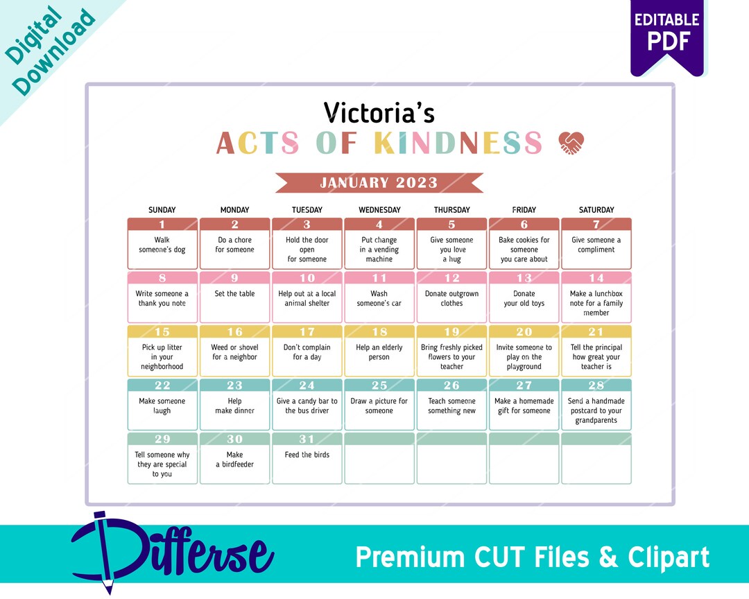 Acts of Kindness Calendar Kids Activities Good Behavior Calendar ...