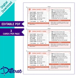 Editable Emergency Contact Card for Kids Backpack Tag - Etsy