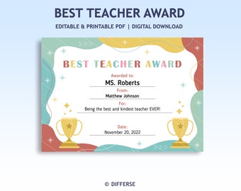 Best Teacher Award | Award Certificate | Editable Certificate | Custom ...