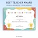 Best Teacher Award | Award Certificate | Editable Certificate | Custom ...
