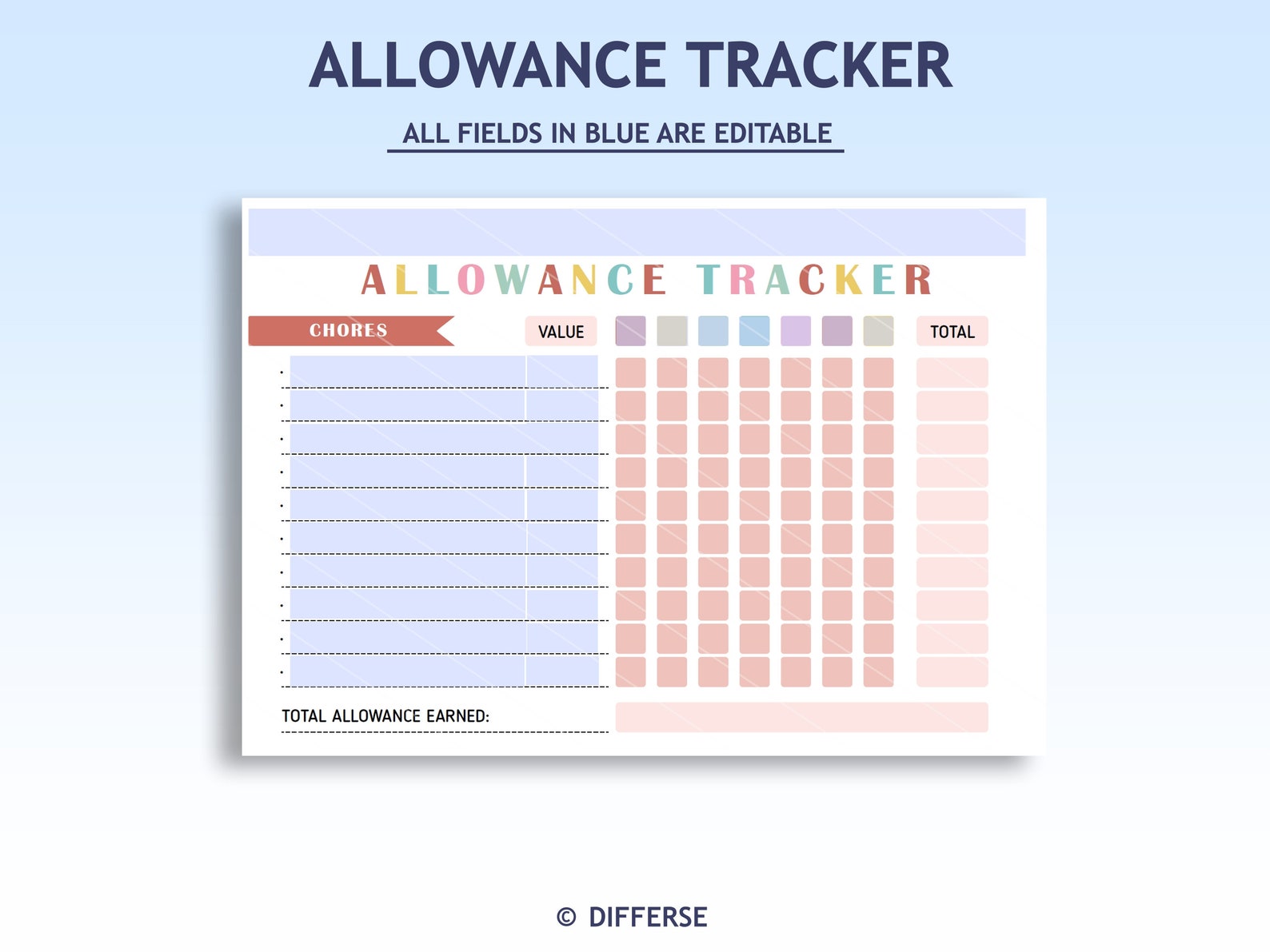 Editable Allowance Chart for Kids | Allowance Tracker | Editable Chore ...