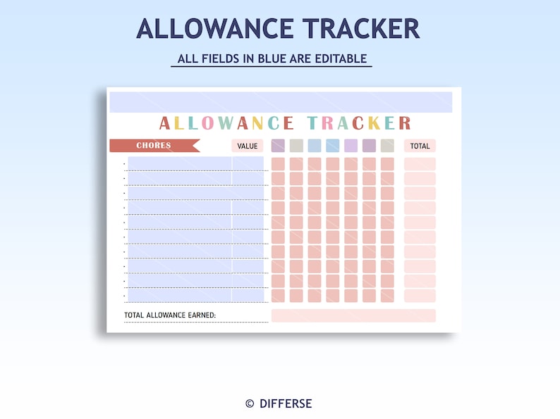 Editable Allowance Chart for Kids | Allowance Tracker | Editable Chore ...