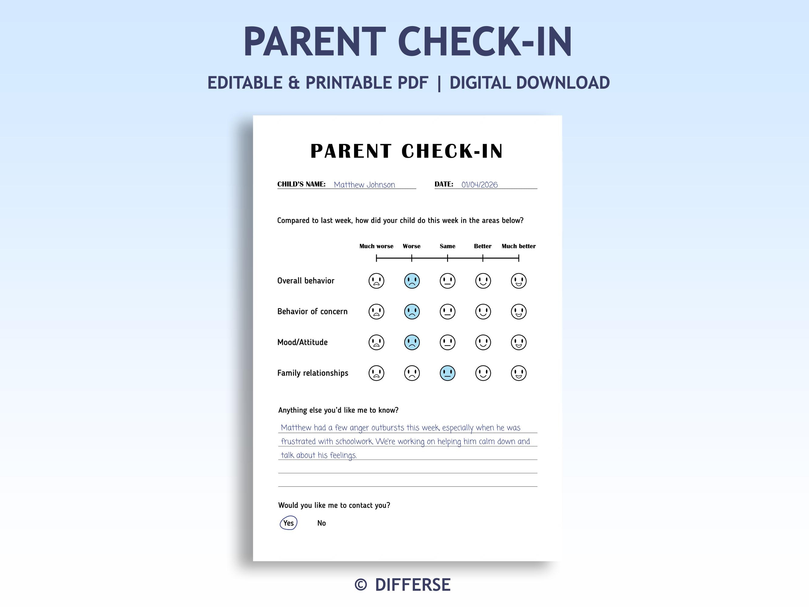 Behavior Report for Parents | Parent Check-in Form | Therapy Tool ...