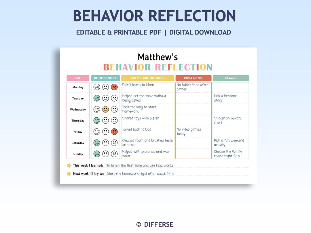 Behavior Reflection Chart | Behavior Chart | Think Sheet | Self ...