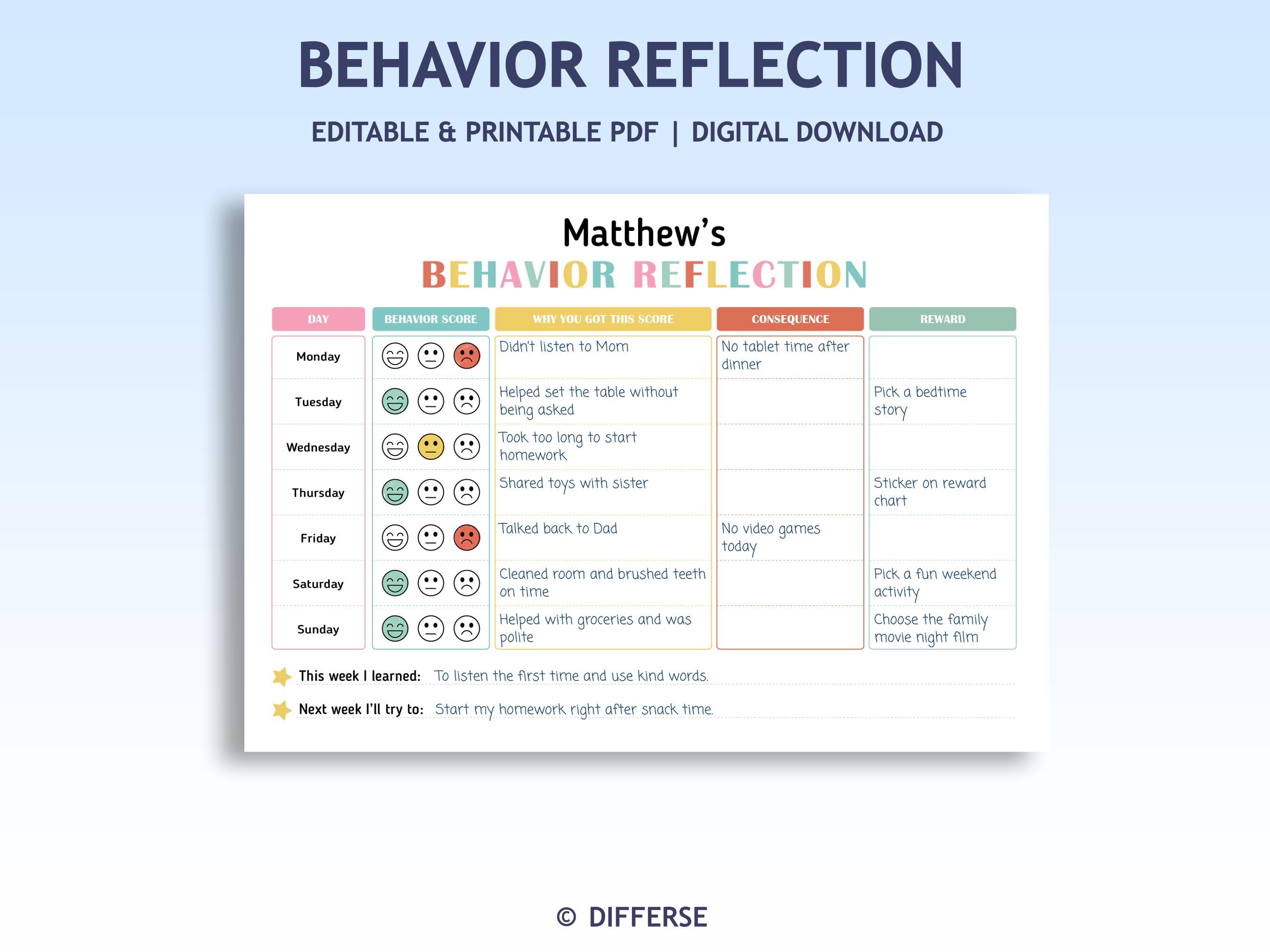 Behavior Reflection Chart | Behavior Chart | Think Sheet | Self ...