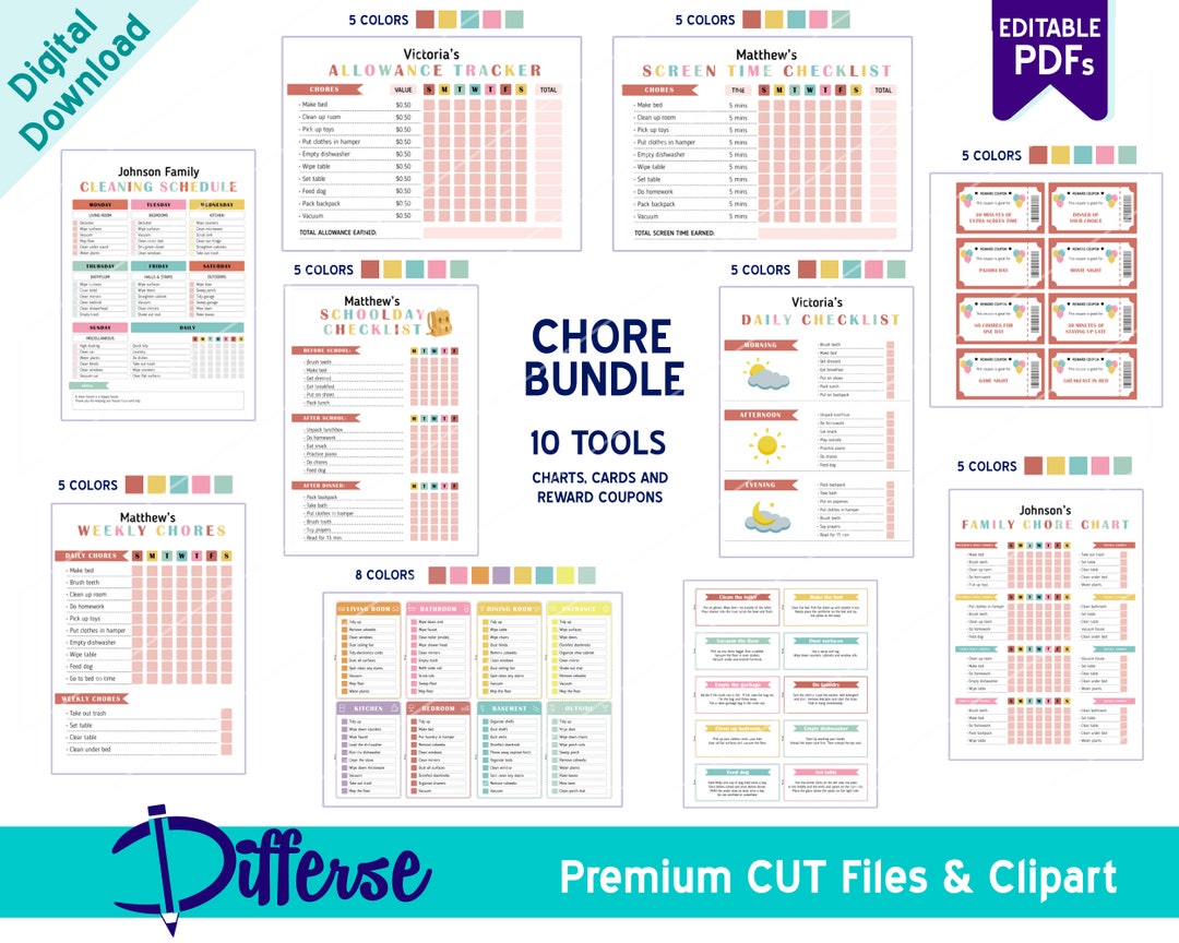 Chore Chart Bundle for Kids Allowance Chart Screen Time Checklist ...