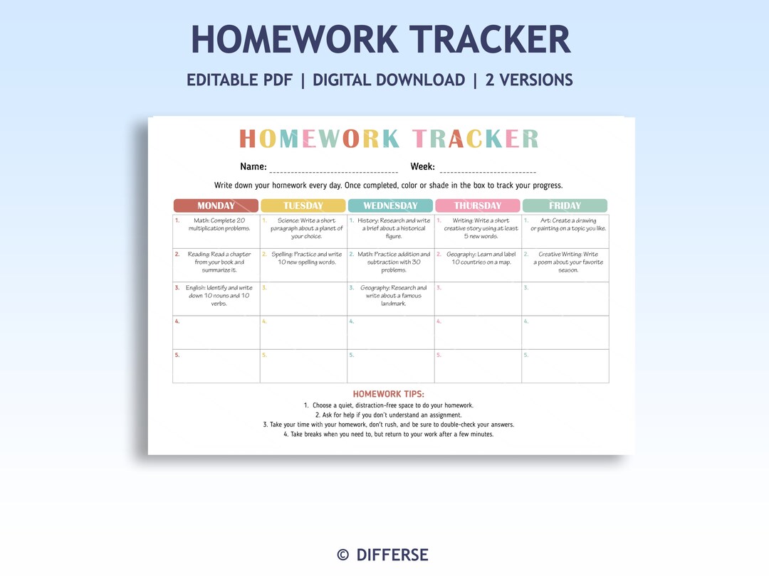 Homework Tracker | Editable Homework Chart | Printable Homework Chart ...