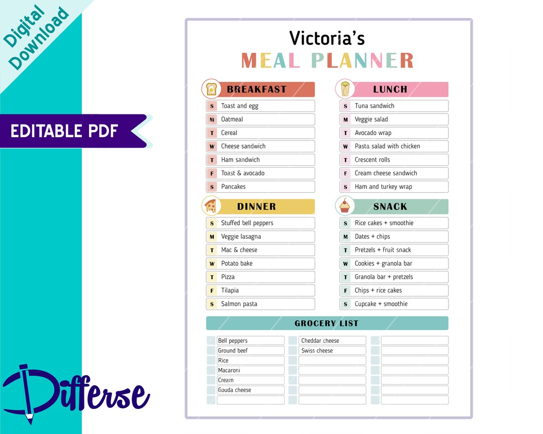 Kids Meal Planner Weekly Meal Planner Printable Meal Plan Meal Prep ...