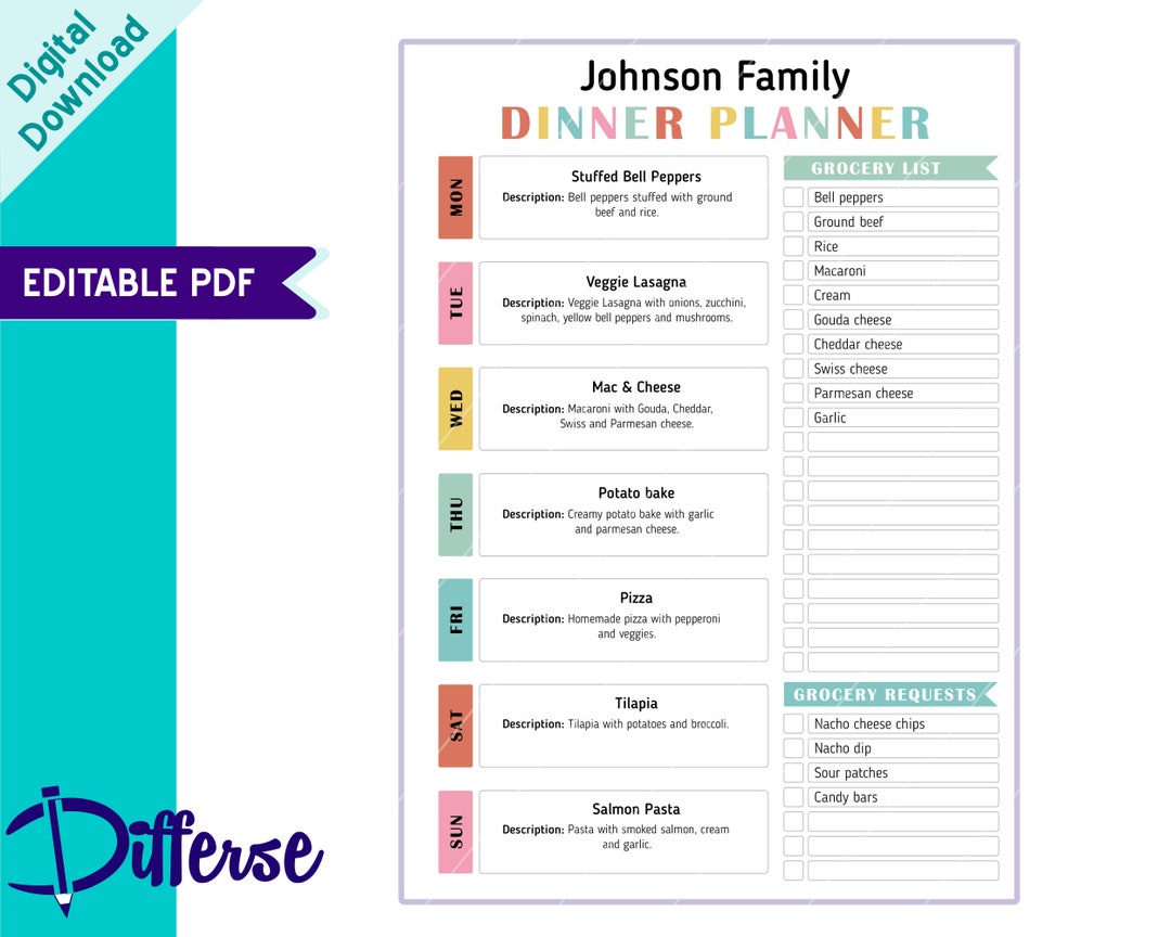 Kids Dinner Planner Kids Meal Planner Weekly Meal Planner Family Dinner ...