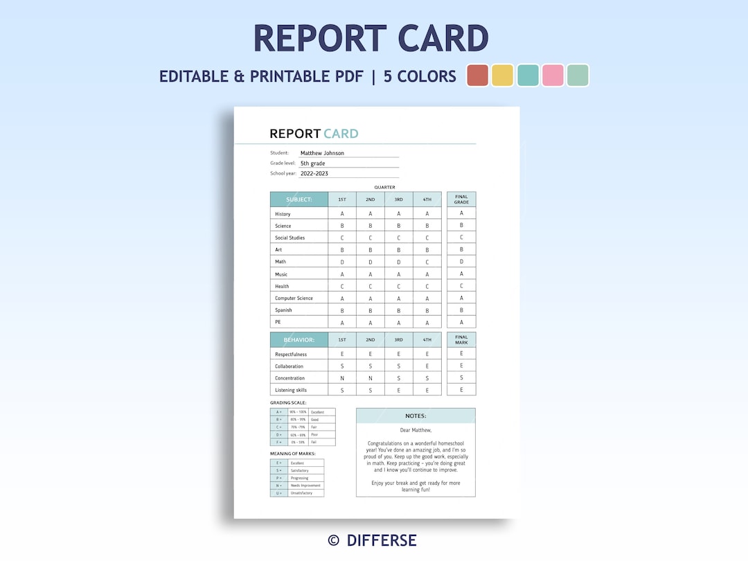Homeschool Report Card | Grade Card Template | Editable Report Card Template | Homeschool ...