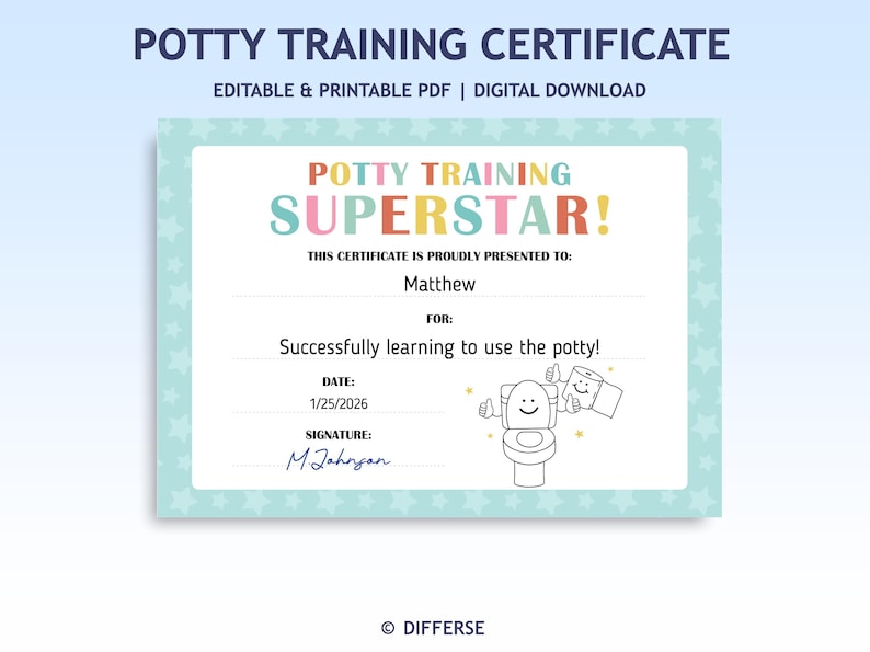 Editable Potty Training Certificate | Potty Training Award | Potty ...