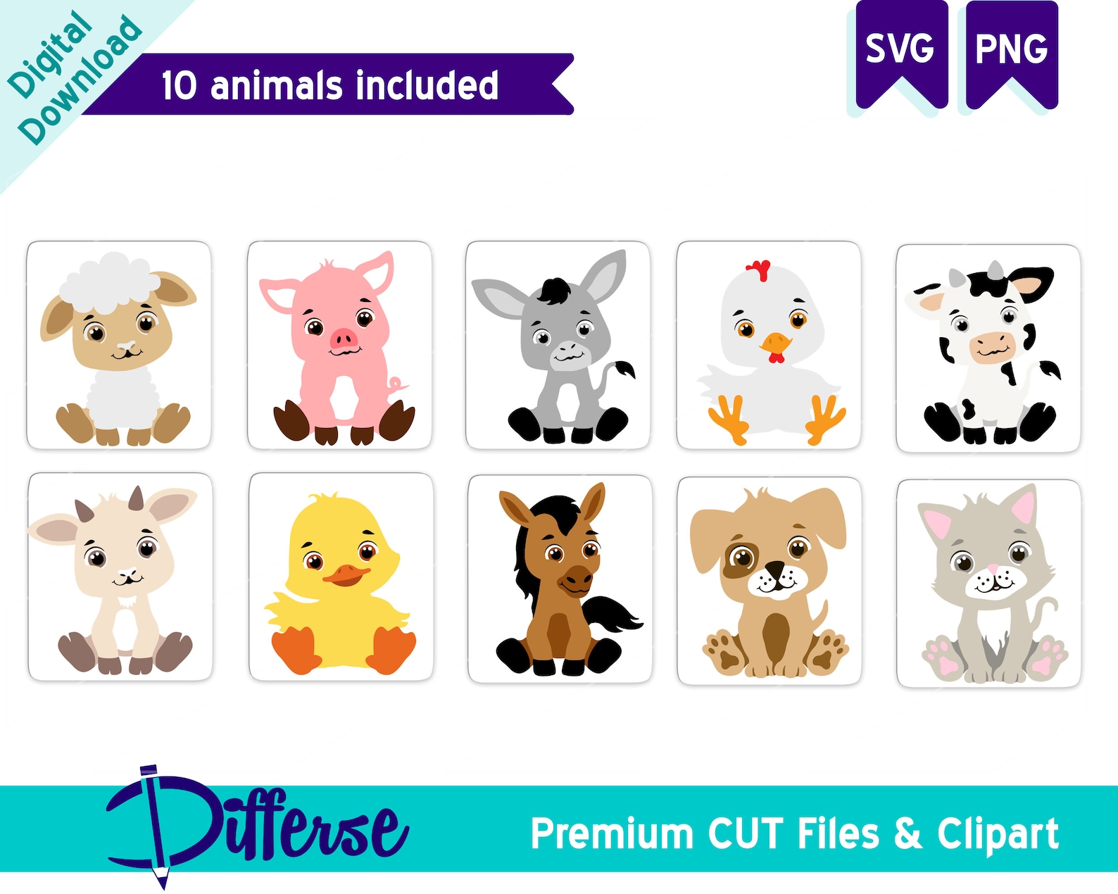 10 Cute Baby Farm Animals SVG Cut File & PNG Baby Farm - Etsy