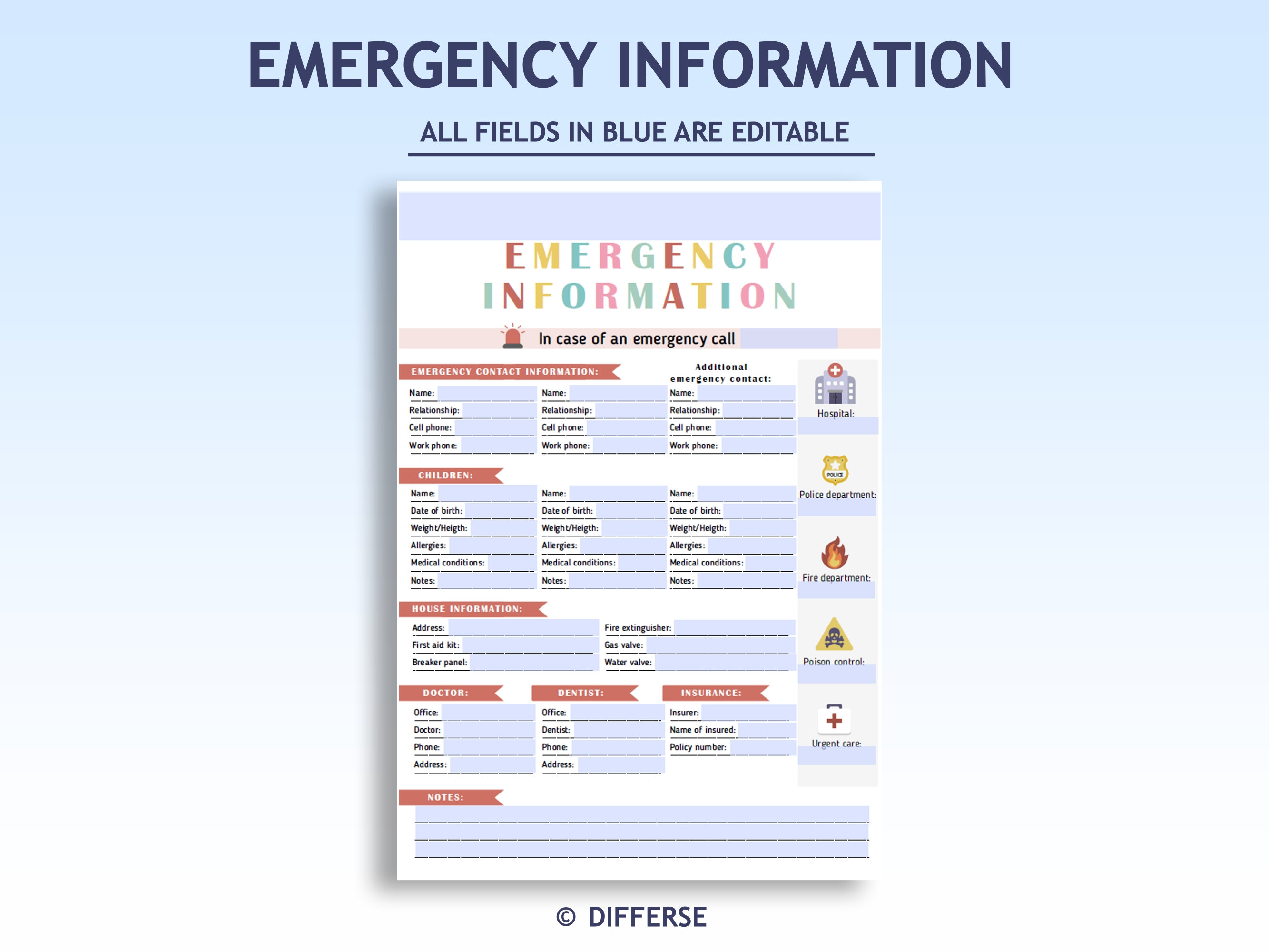 Emergency Information Sheet | Babysitter Information Sheet | Emergency ...