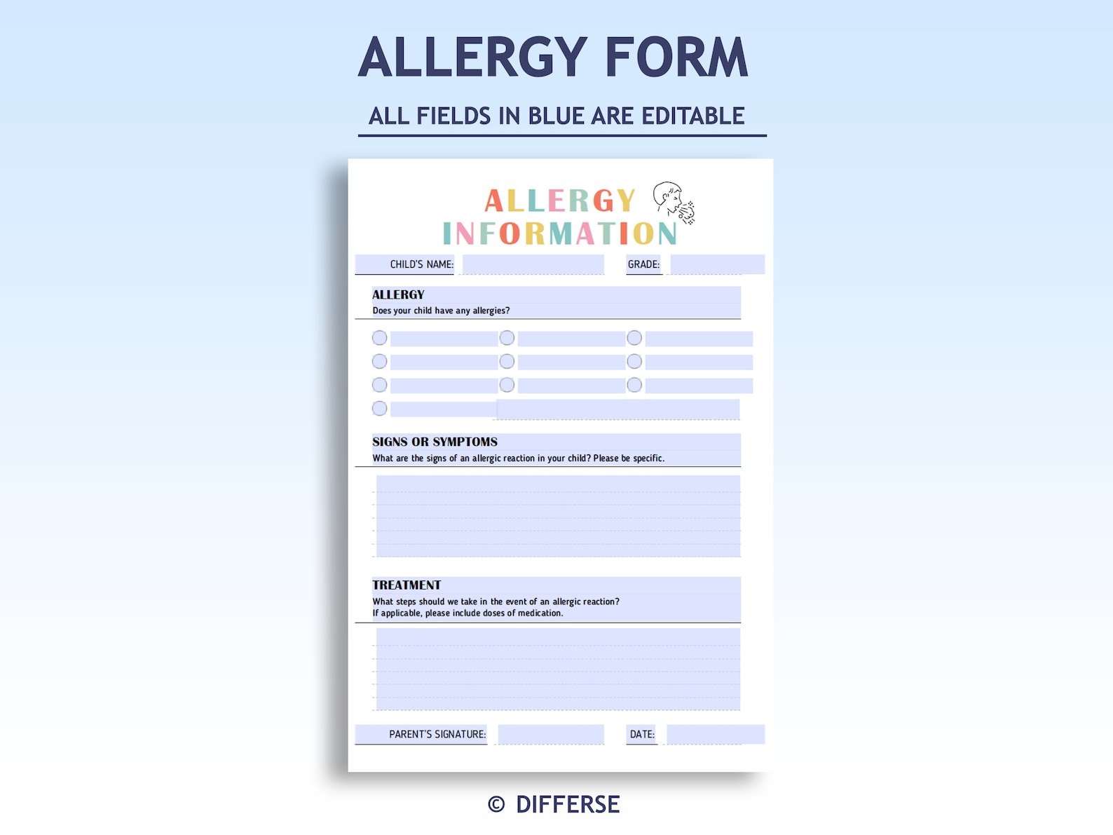 Allergy List + Allergy Information Sheet | Child Allergy Form ...
