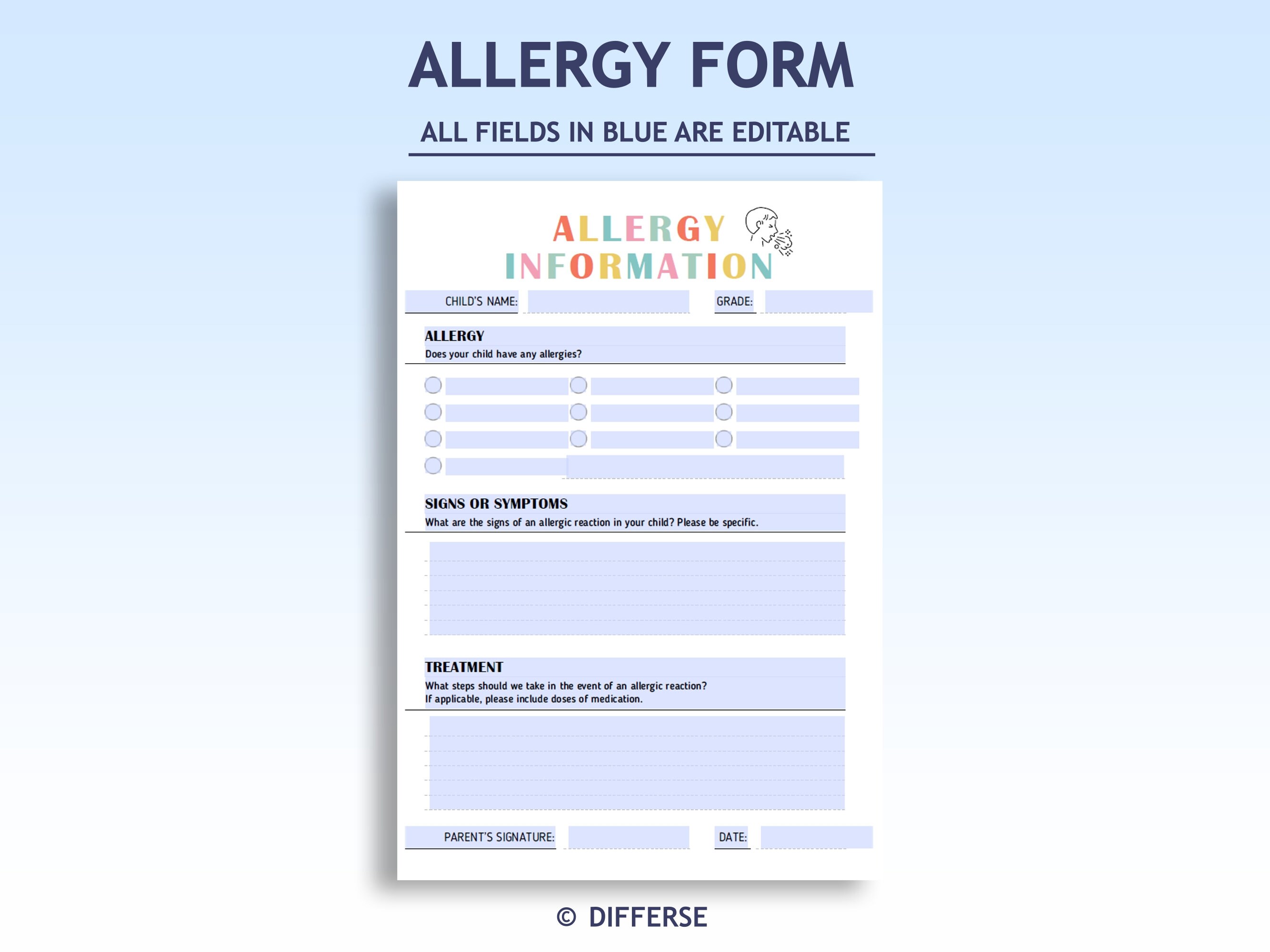 Allergy List + Allergy Information Sheet | Child Allergy Form ...