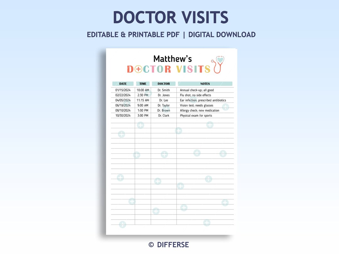 Kids Doctor Visits Template | Doctor Visit Notes | Doctor Tracker ...