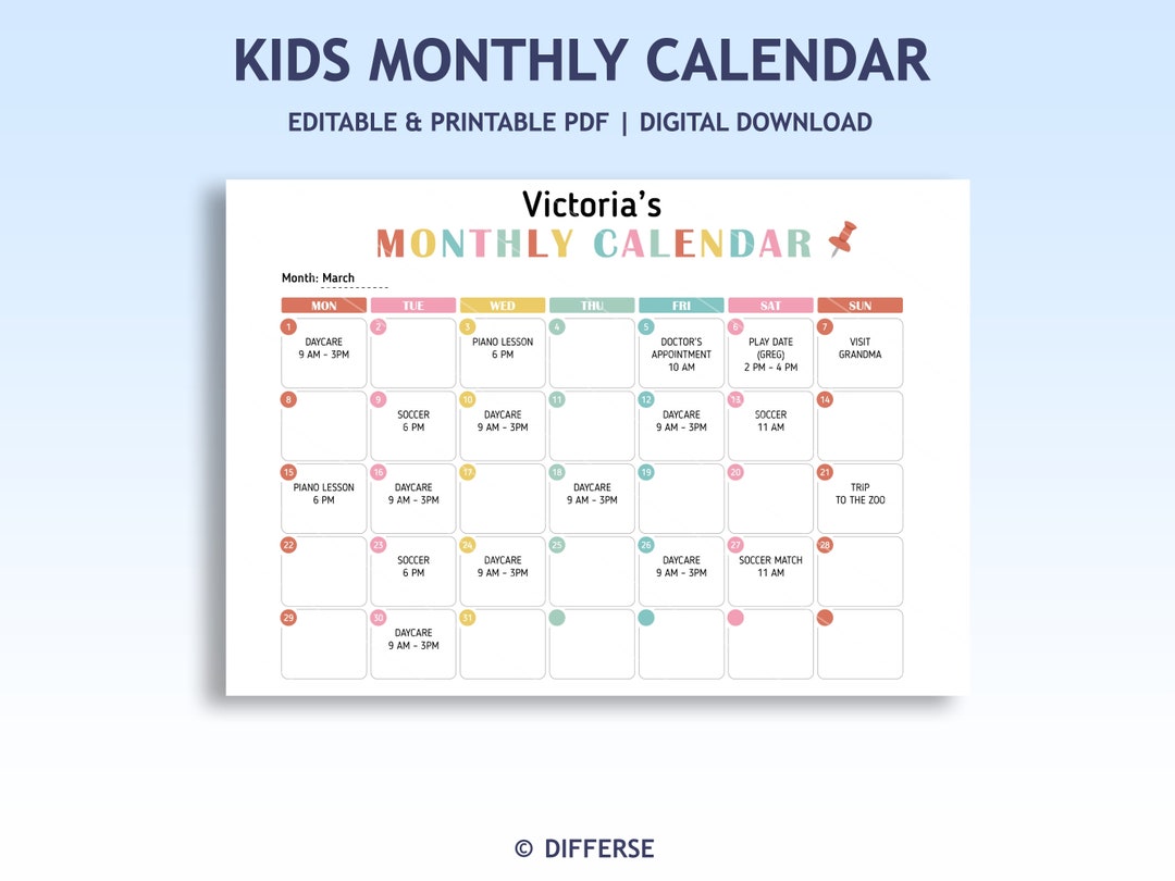 Kids Monthly Calendar | Kids Monthly Planner | Printable Calendar ...