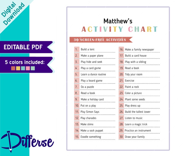 Screen Free Activities for Kids Printable Play Chart Play - Etsy