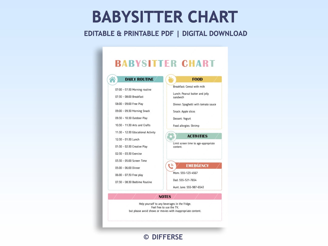 Babysitter Chart | Babysitter Schedule | Babysitter Information Sheet ...