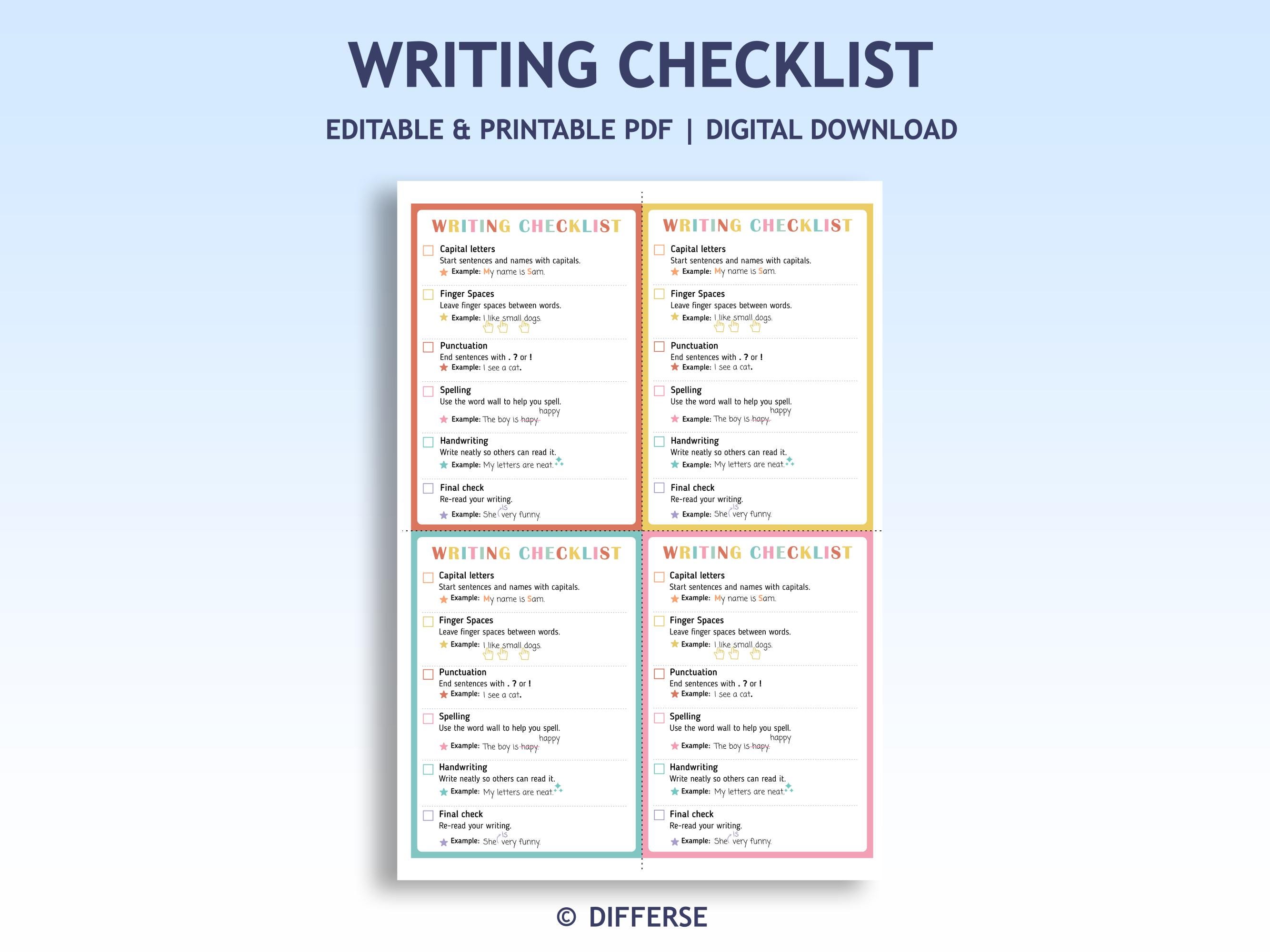 Editable Kids Writing Checklist Desk | Writing Checks | Writing ...