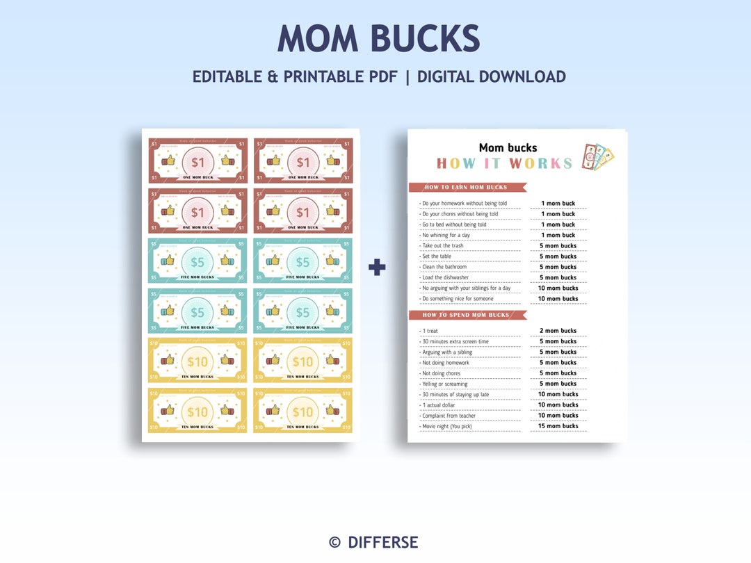 Editable Mom Bucks | PDF Reward System for Kids | Behavior Bucks ...