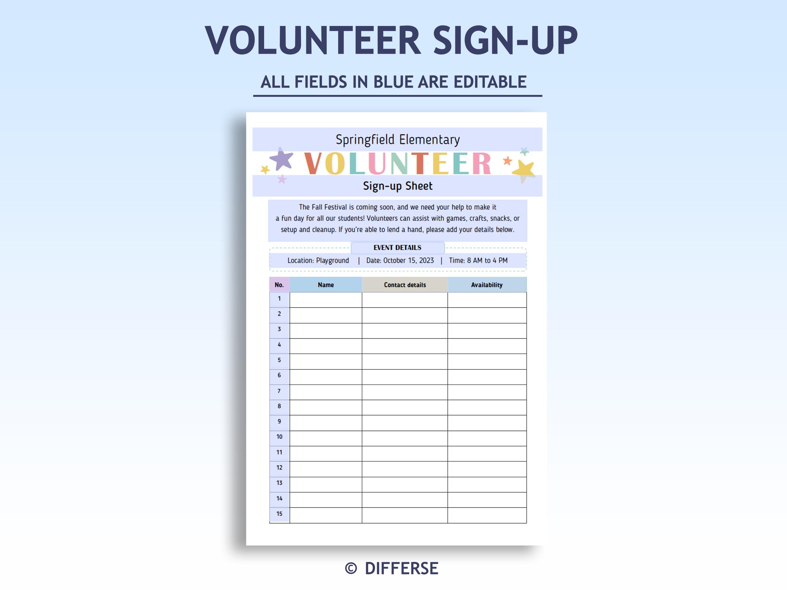 Editable School Volunteer Sign up Sheet | Parent Volunteer Form ...