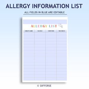 Allergy List + Allergy Information Sheet | Child Allergy Form ...