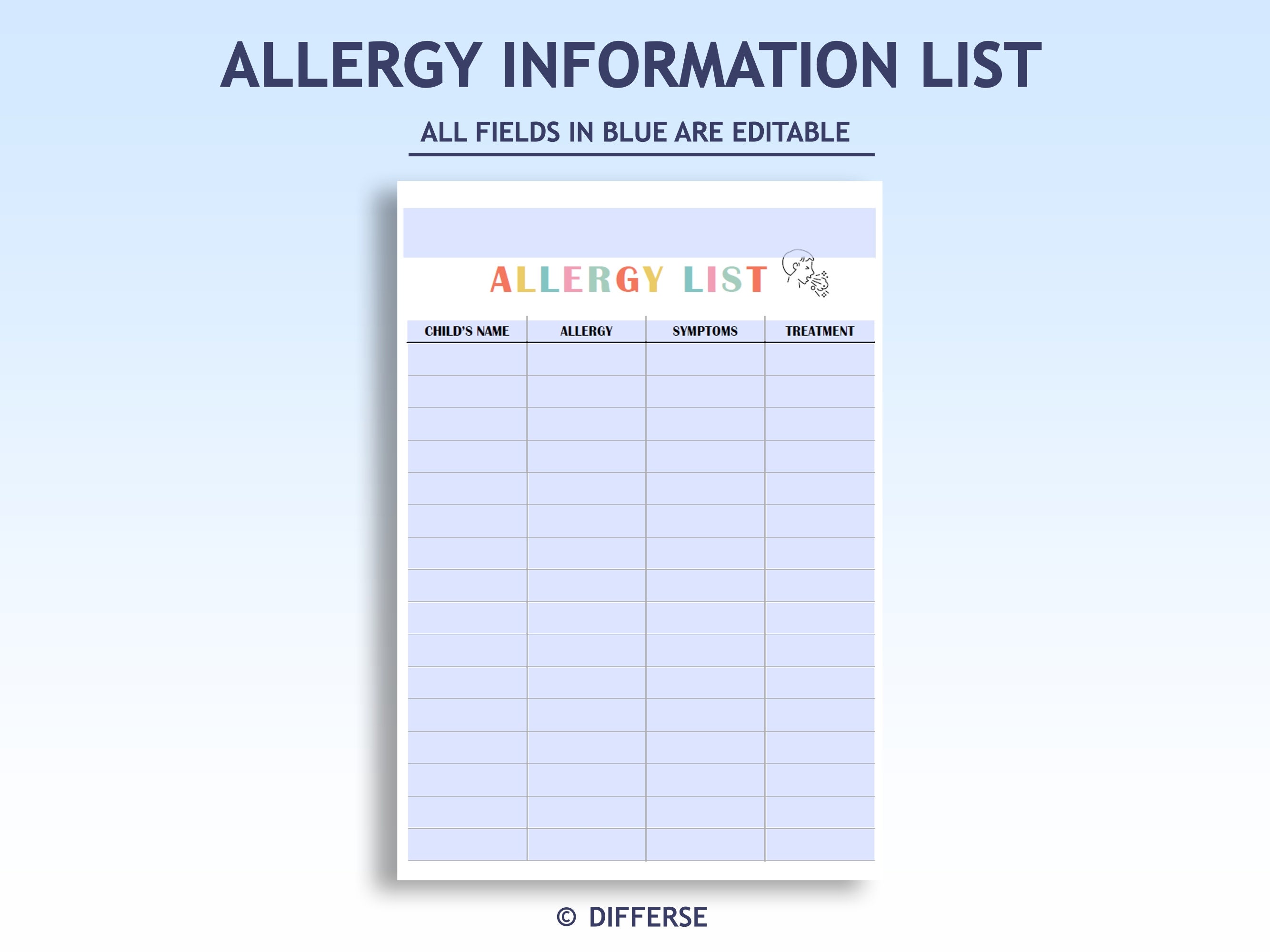 Allergy List + Allergy Information Sheet | Child Allergy Form ...