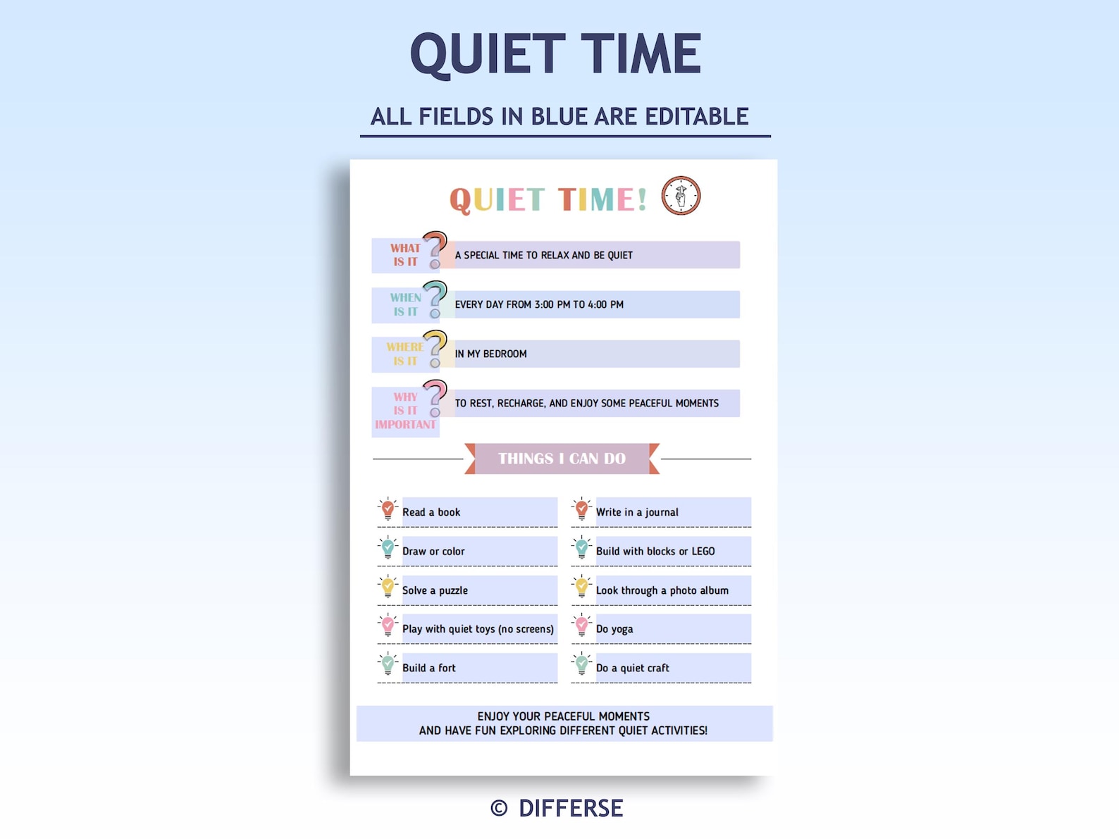 Quiet Time Chart for Kids | Editable Quiet Time Schedule | Printable ...