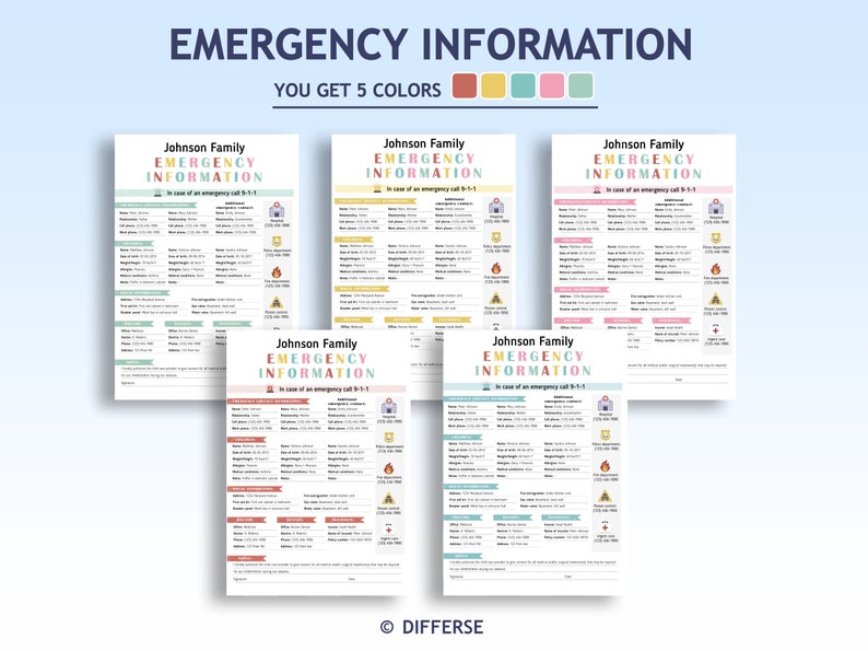 Emergency Information Sheet | Babysitter Information Sheet | Emergency ...