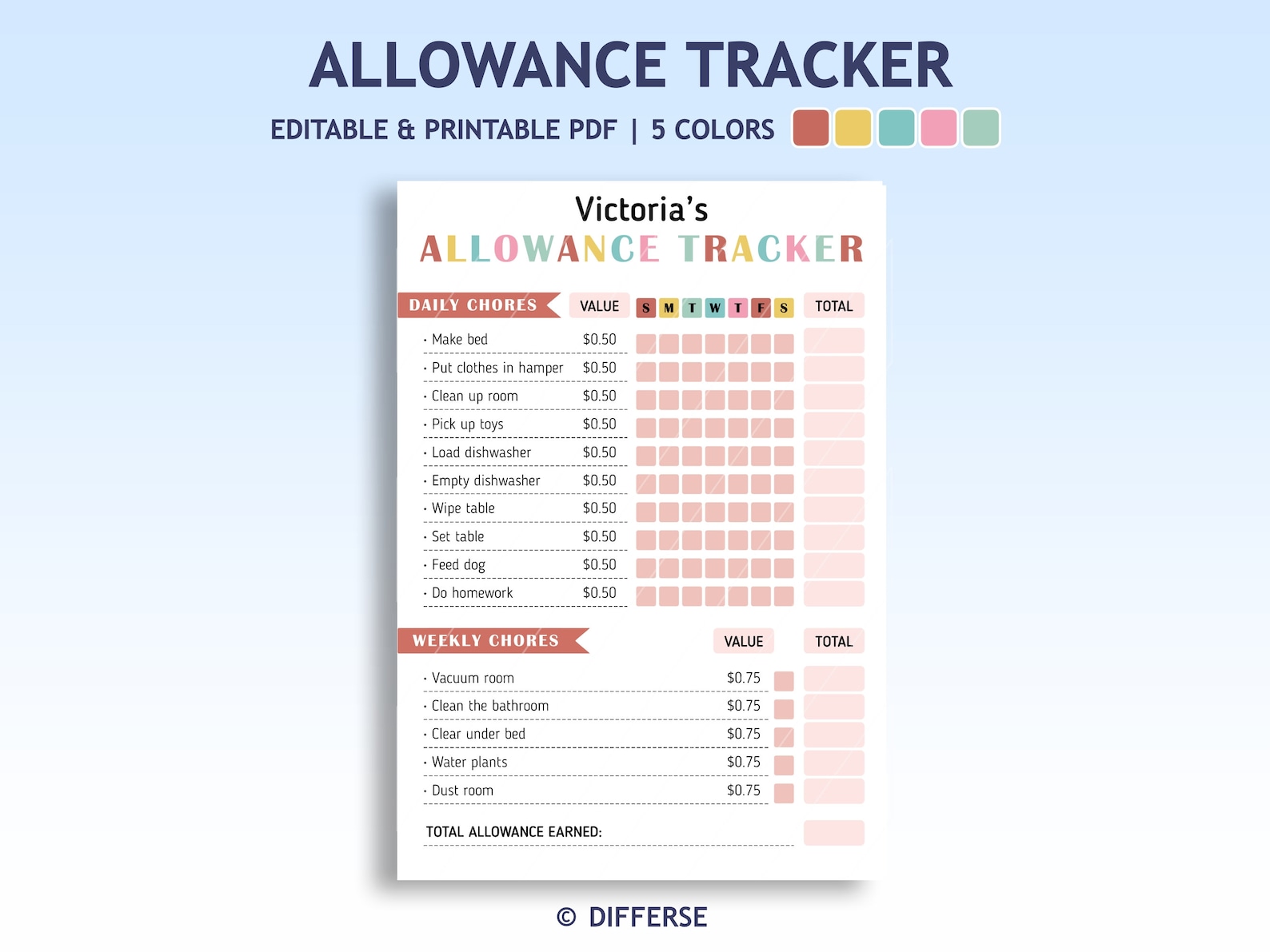 Allowance Tracker for Kids | Allowance Chart | Kids Responsibility ...