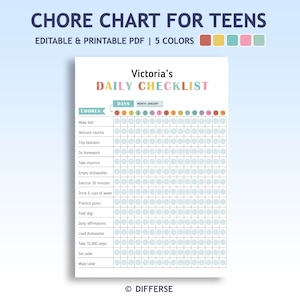 Teen Chore Chart | Daily Chore Chart for Teens | Printable Chore Chart ...