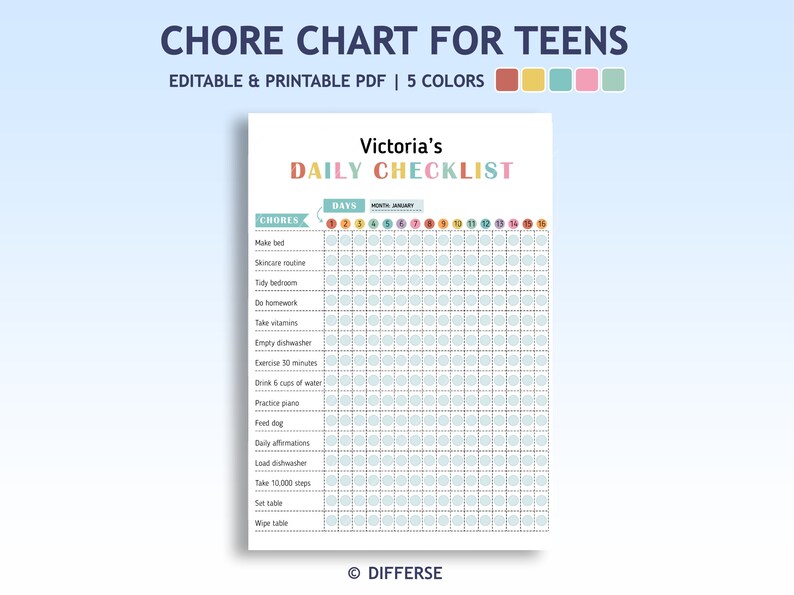 Teen Chore Chart | Daily Chore Chart for Teens | Printable Chore Chart ...