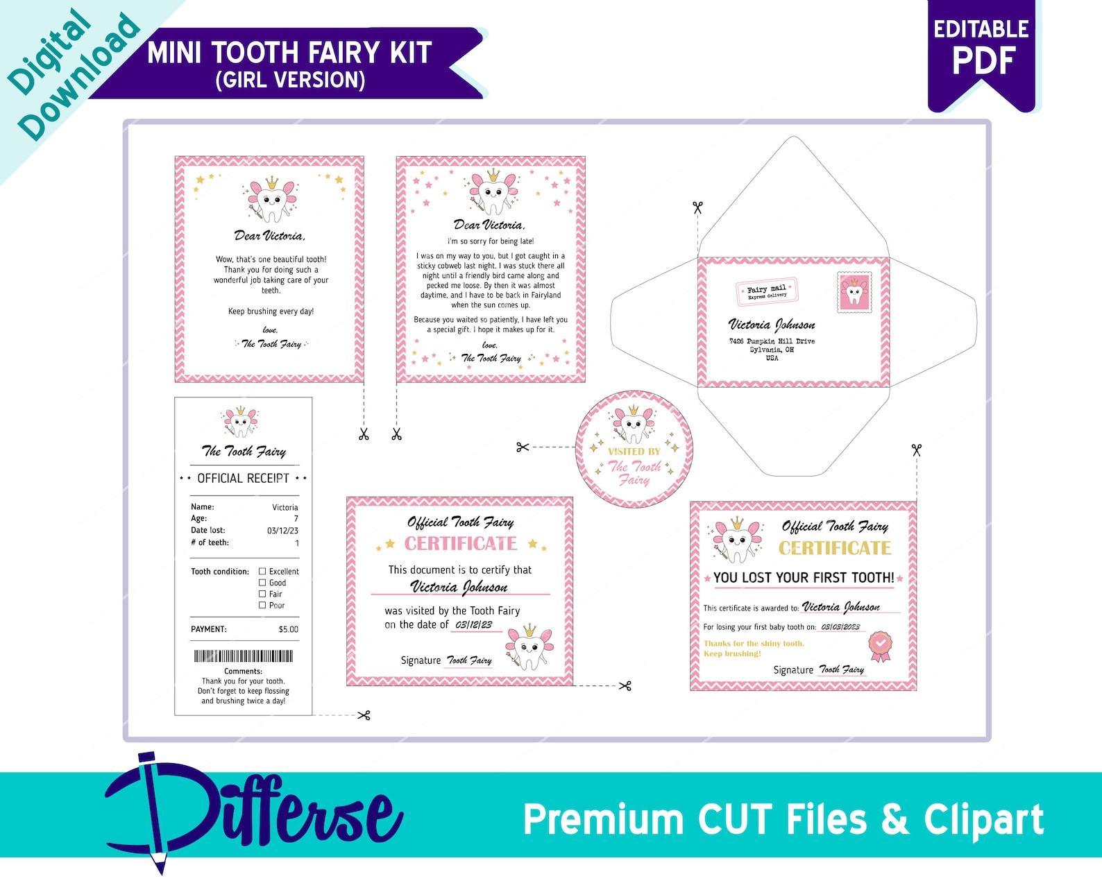 Mini Tooth Fairy Kit in Pink Tooth Fairy Receipt Tooth Fairy Letter ...