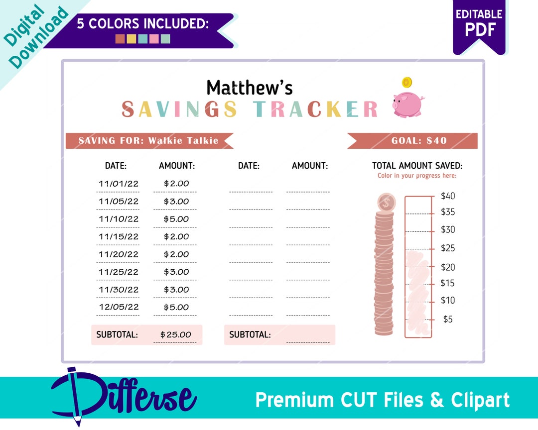 Kids Savings Tracker Kids Savings Challenge Savings Planner Money ...