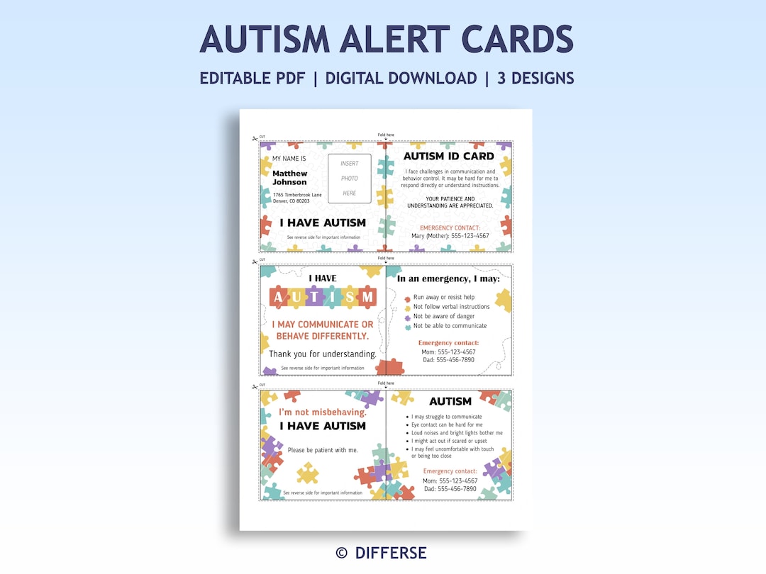 Editable Autism ID Card | Emergency Contact Card | Autism Medical Card ...