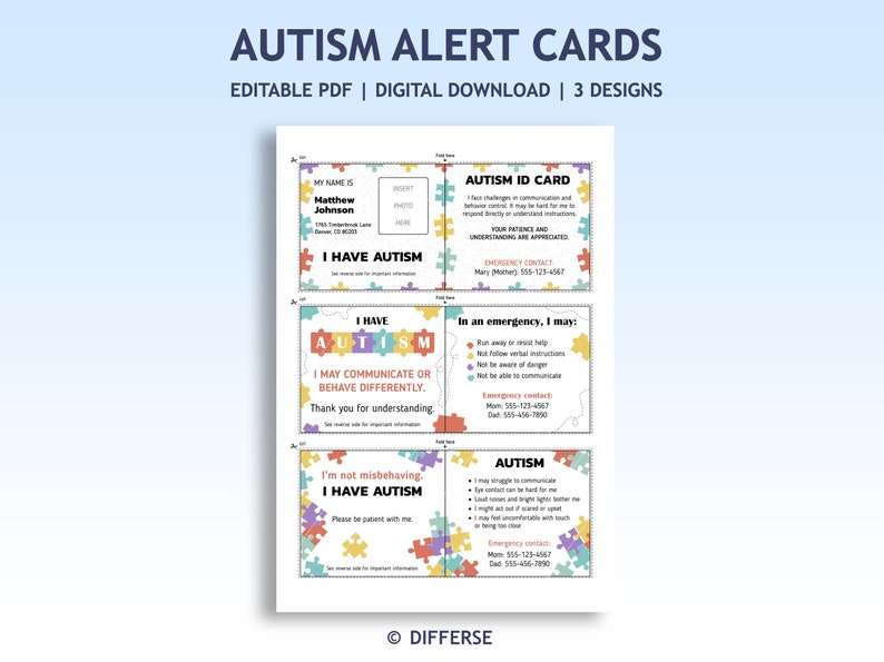 Editable Autism ID Card | Emergency Contact Card | Autism Medical Card ...