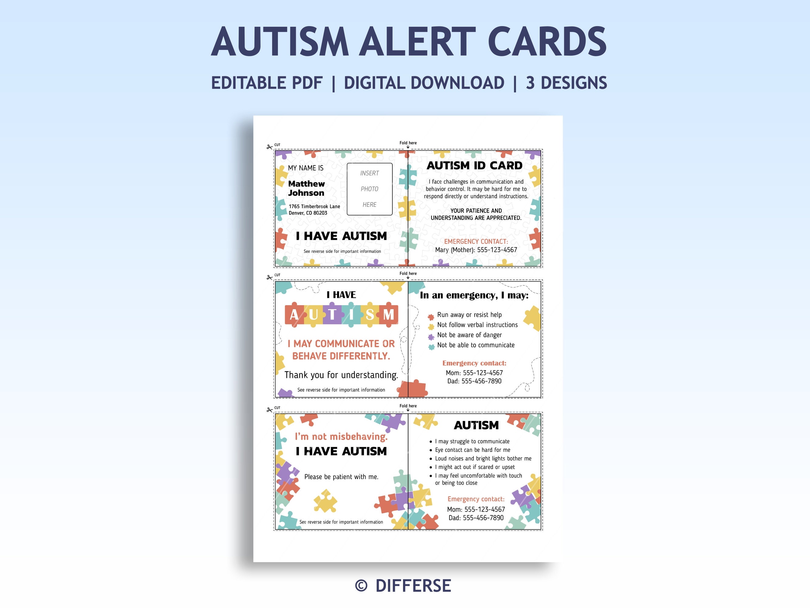 Editable Autism ID Card | Emergency Contact Card | Autism Medical Card ...