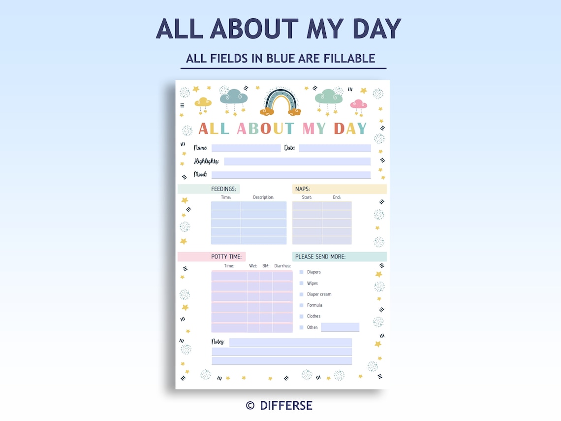 All About My Day | Daycare Daily Report | Nanny Log | Child Care ...