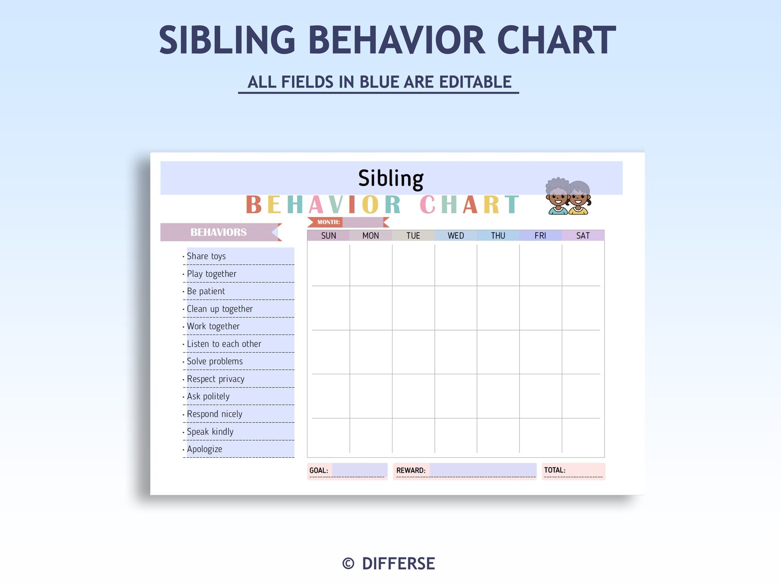 Behavior Chart for Siblings | Monthly Behavior Chart for 2 Kids ...