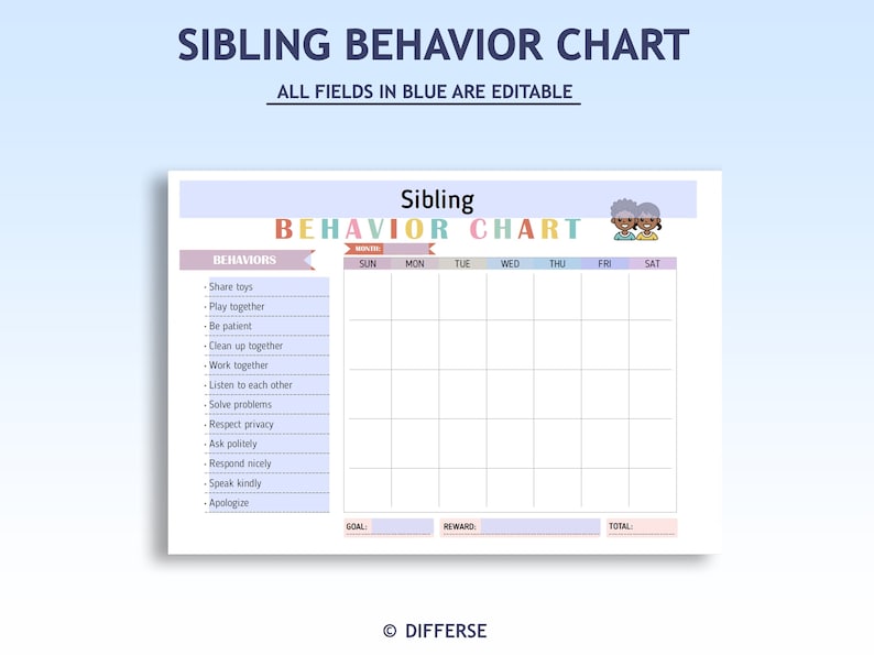 Behavior Chart for Siblings | Monthly Behavior Chart for 2 Kids ...