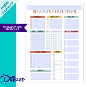 Responsibility Chart for Kids Printable Chore Chart Kids Chore Chart ...
