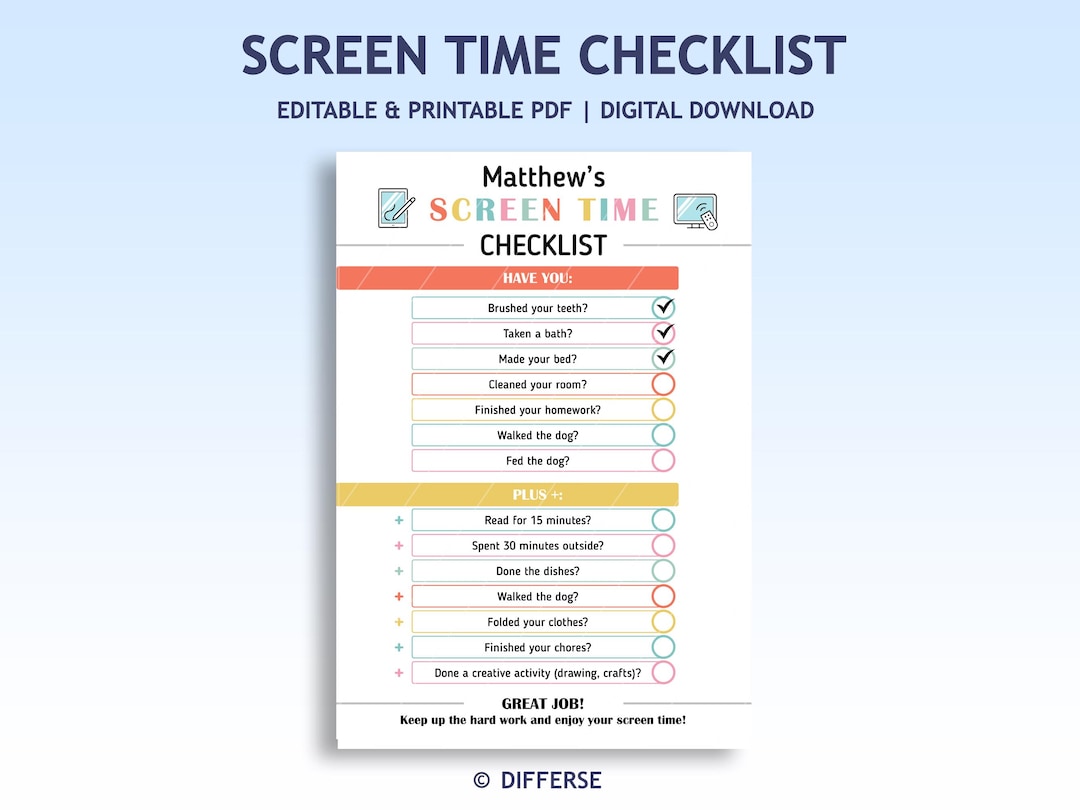 Screen Time Checklist | Screen Time Chart | Screen Time Schedule ...