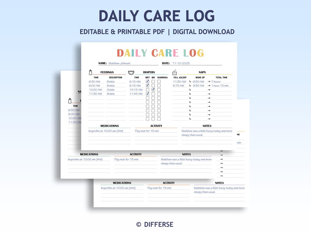 Daily Care Log | Baby Daily Log | Infant Care Log | Baby Daily Report ...