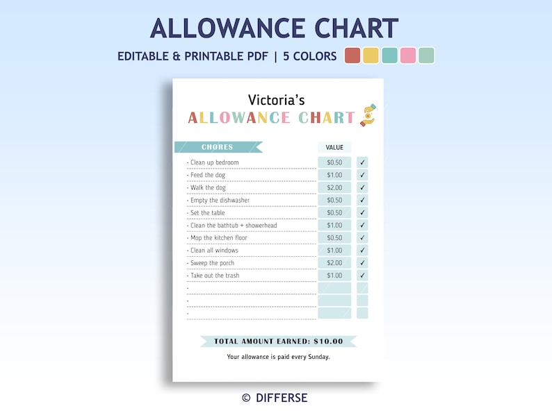 Allowance Chart for Kids | Allowance Tracker | Chore Chart | Incentive ...
