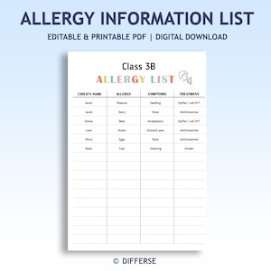 Allergy List + Allergy Information Sheet | Child Allergy Form ...
