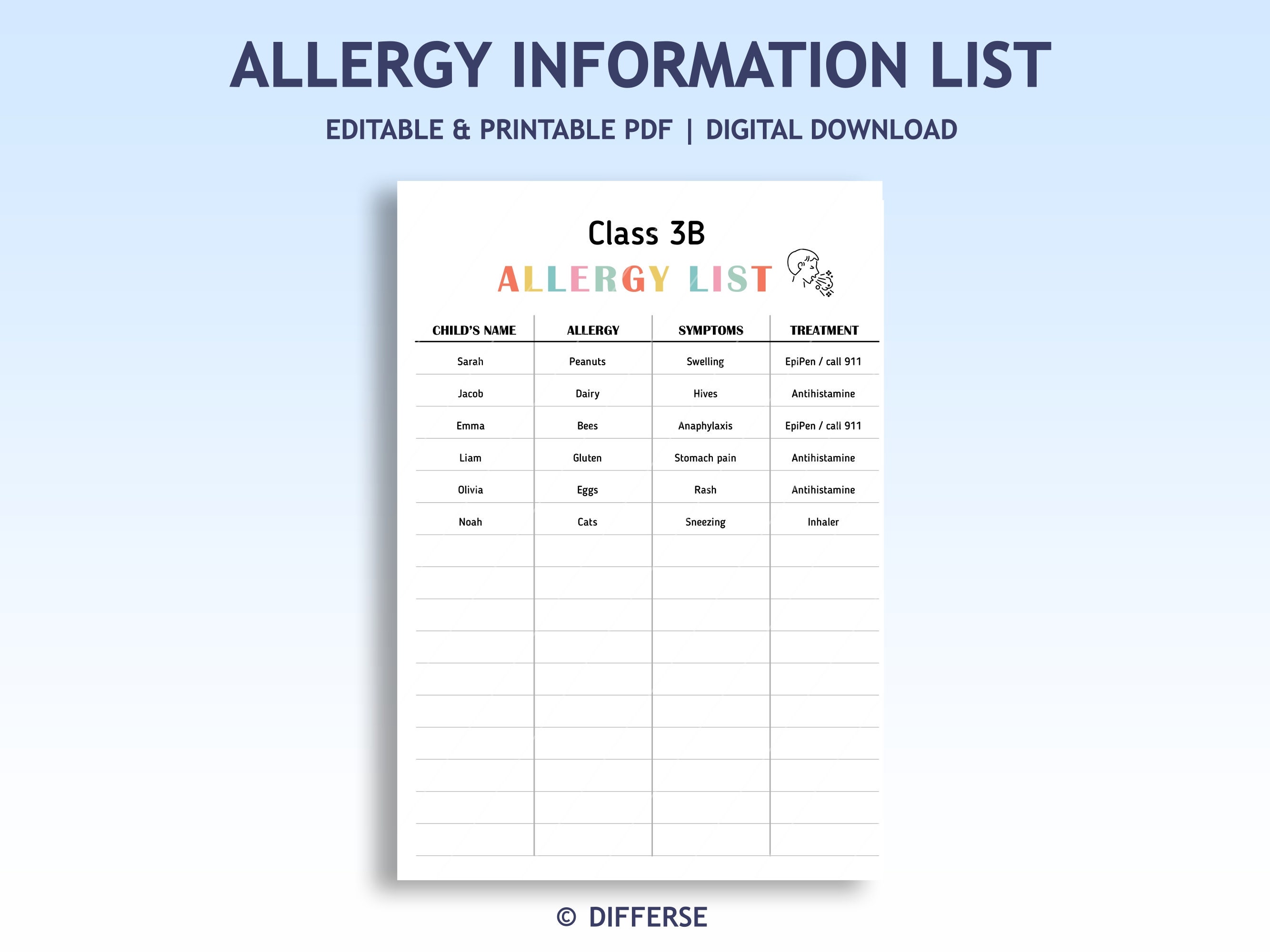Allergy List + Allergy Information Sheet | Child Allergy Form ...