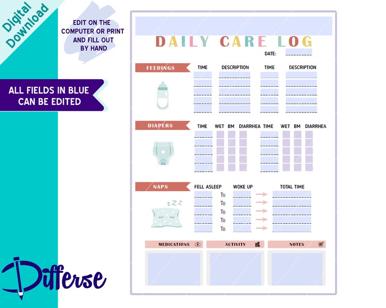 Editable Baby Daily Log Printable Nanny Log Daycare Report - Etsy
