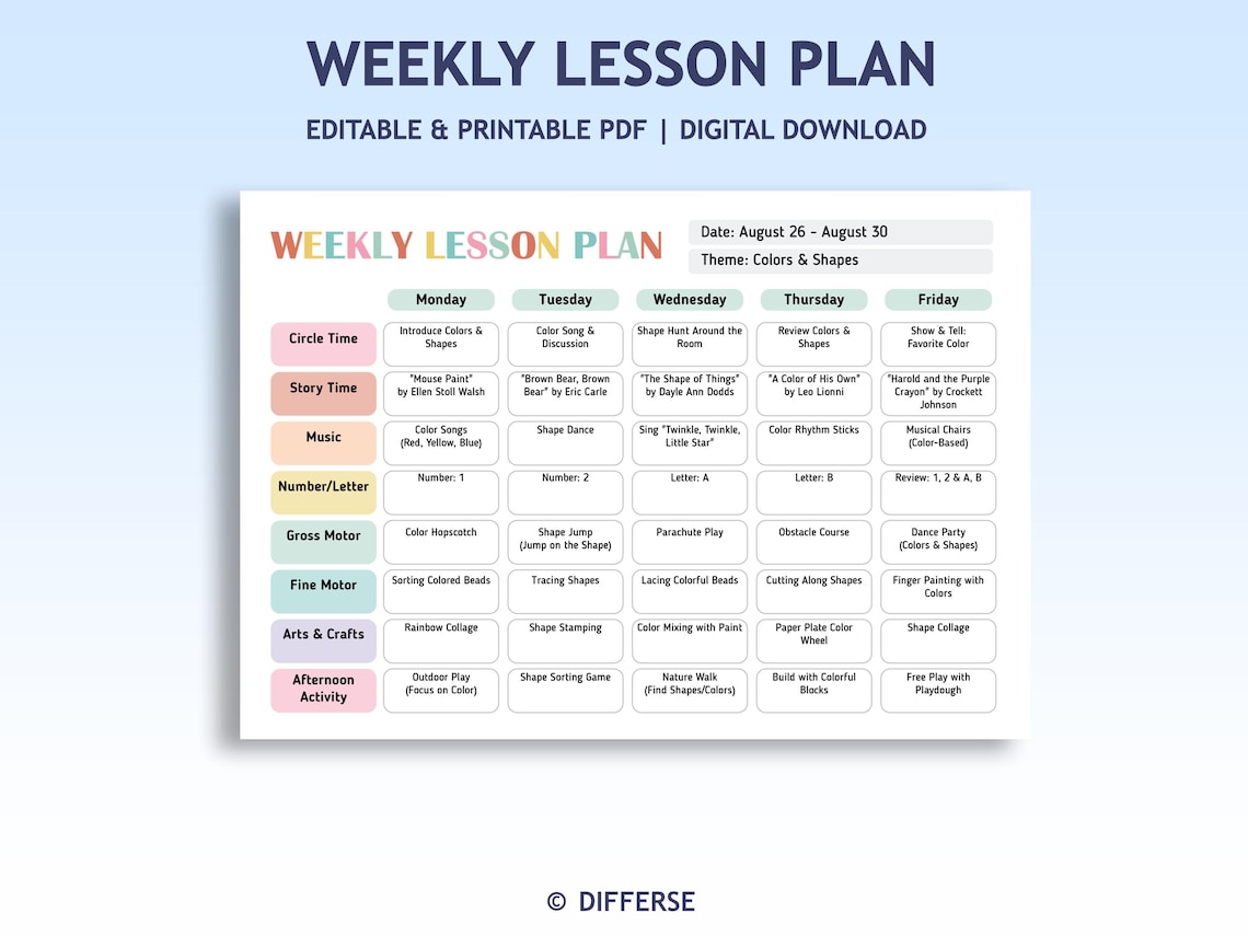 Weekly Lesson Plan | Class Schedule | Classroom Schedule | Prek Lesson ...