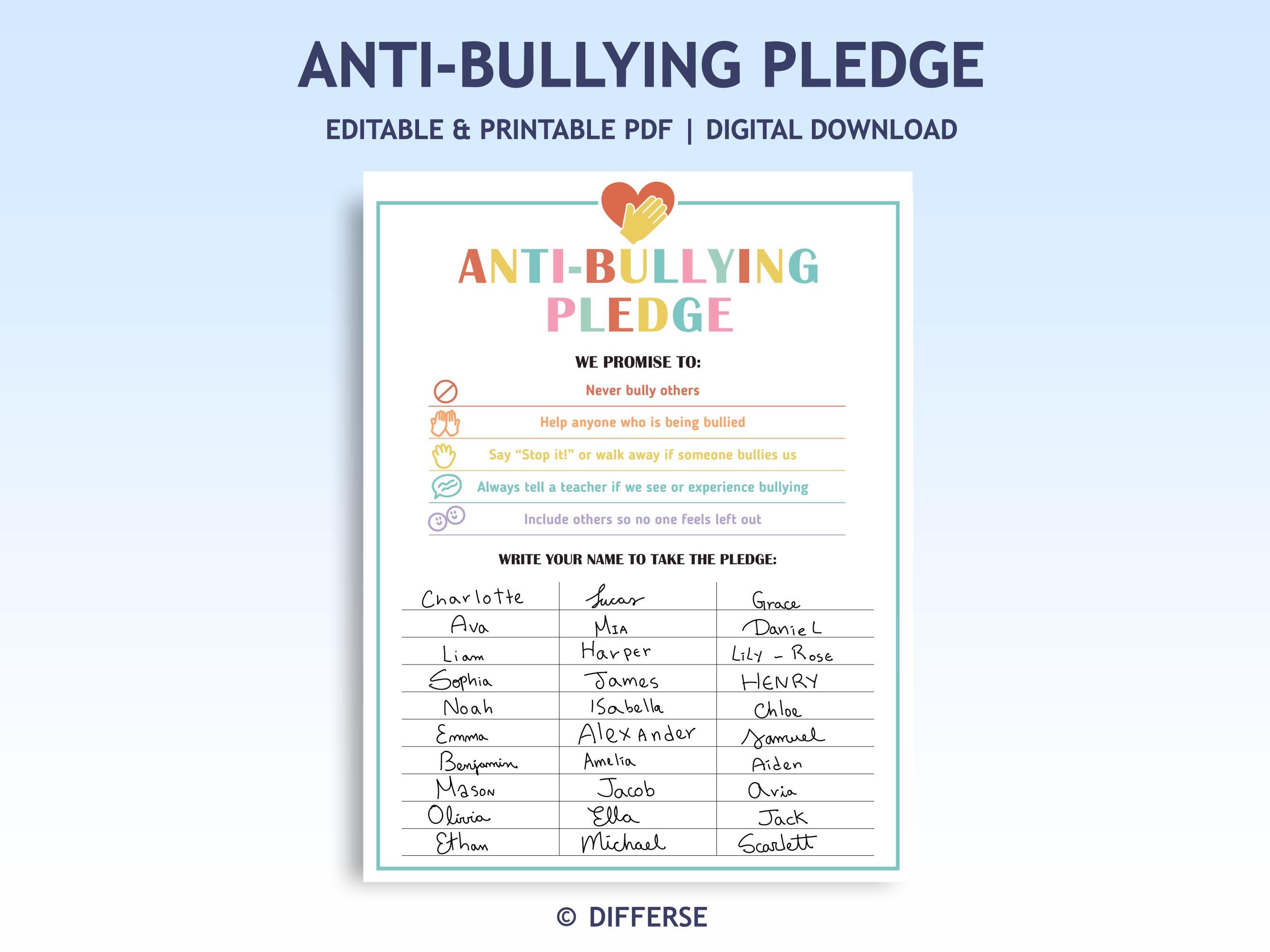 Anti-bullying Pledge | Bullying Prevention | Bullying Awareness | Stop ...